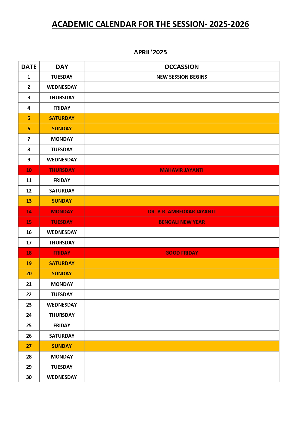 Academic Calender - NBM Model School